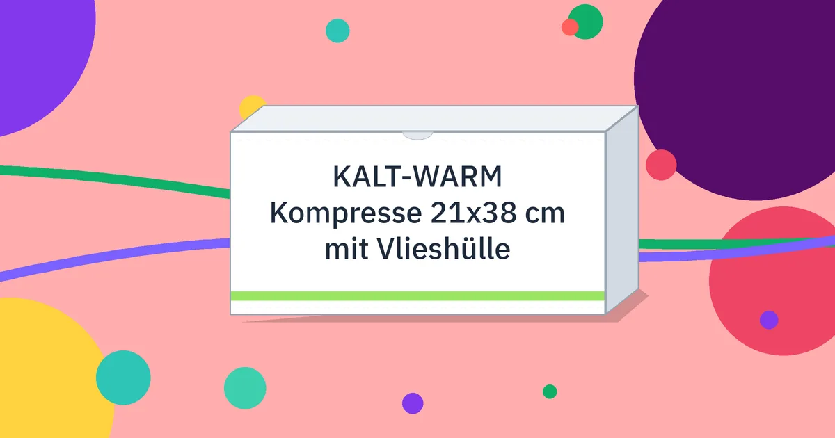 Symbolbild: Packung mit der Aufschrift KALT-WARM Kompresse 21x38 cm mit Vlieshülle (PZN 15577113) – Verfügbarkeit und Bezug in Apotheken in Frankfurt am Main