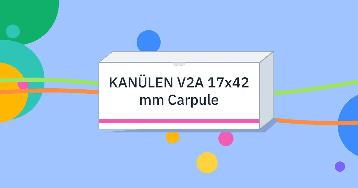 Symbolbild: Packung mit der Aufschrift KANÜLEN V2A 17x42 mm Carpule (PZN 01728790) – Verfügbarkeit und Bezug in Apotheken in Frankfurt am Main