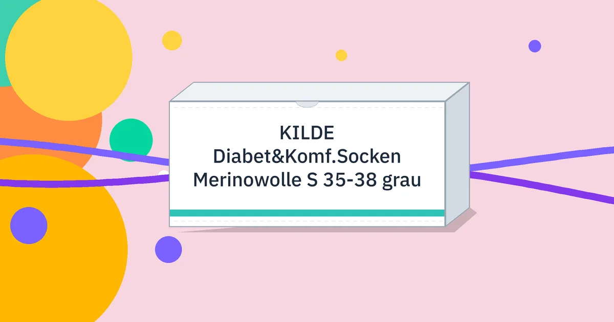 Symbolbild: Packung mit der Aufschrift KILDE Diabet&Komf.Socken Merinowolle S 35-38 grau (PZN 20798431) – Verfügbarkeit und Bezug in Apotheken in Frankfurt am Main