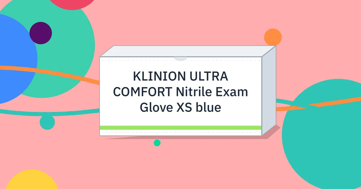 Symbolbild: Packung mit der Aufschrift KLINION ULTRA COMFORT Nitrile Exam Glove XS blue (PZN 19683579) – Verfügbarkeit und Bezug in Apotheken in Frankfurt am Main