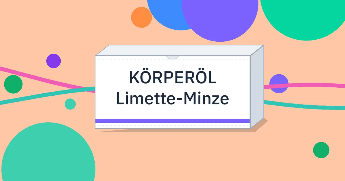 Symbolbild: Packung mit der Aufschrift KÖRPERÖL Limette-Minze (PZN 16859836) – Verfügbarkeit und Bezug in Apotheken in Frankfurt am Main
