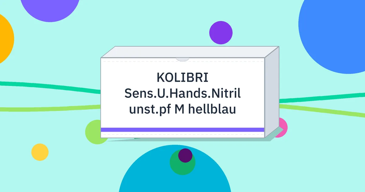 Symbolbild: Packung mit der Aufschrift KOLIBRI Sens.U.Hands.Nitril unst.pf M hellblau (PZN 18891407) – Verfügbarkeit und Bezug in Apotheken in Frankfurt am Main