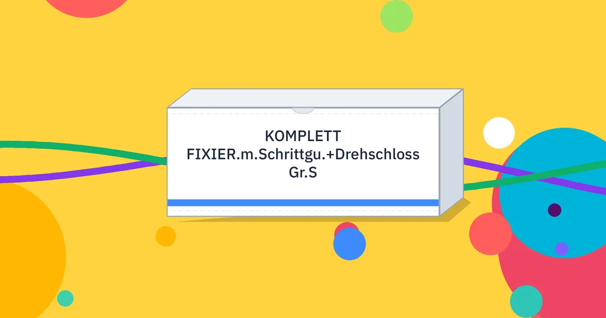 Symbolbild: Packung mit der Aufschrift KOMPLETT FIXIER.m.Schrittgu.+Drehschloss Gr.S (PZN 11573147) – Verfügbarkeit und Bezug in Apotheken in Frankfurt am Main