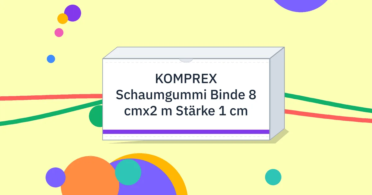 Symbolbild: Packung mit der Aufschrift KOMPREX Schaumgummi Binde 8 cmx2 m Stärke 1 cm (PZN 00591001) – Verfügbarkeit und Bezug in Apotheken in Frankfurt am Main