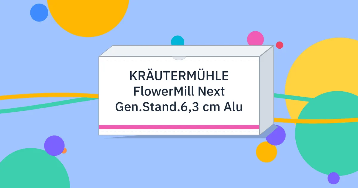 Symbolbild: Packung mit der Aufschrift KRÄUTERMÜHLE FlowerMill Next Gen.Stand.6,3 cm Alu (PZN 19468349) – Verfügbarkeit und Bezug in Apotheken in Frankfurt am Main