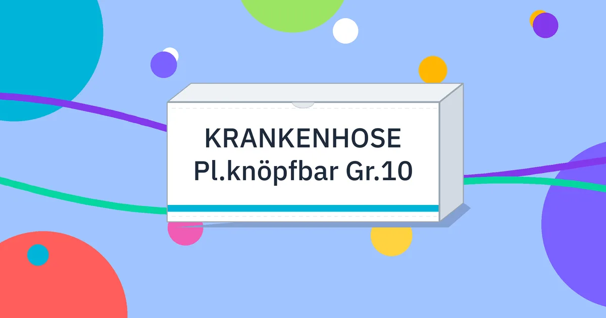Symbolbild: Packung mit der Aufschrift KRANKENHOSE Pl.knöpfbar Gr.10 (PZN 01979492) – Verfügbarkeit und Bezug in Apotheken in Frankfurt am Main