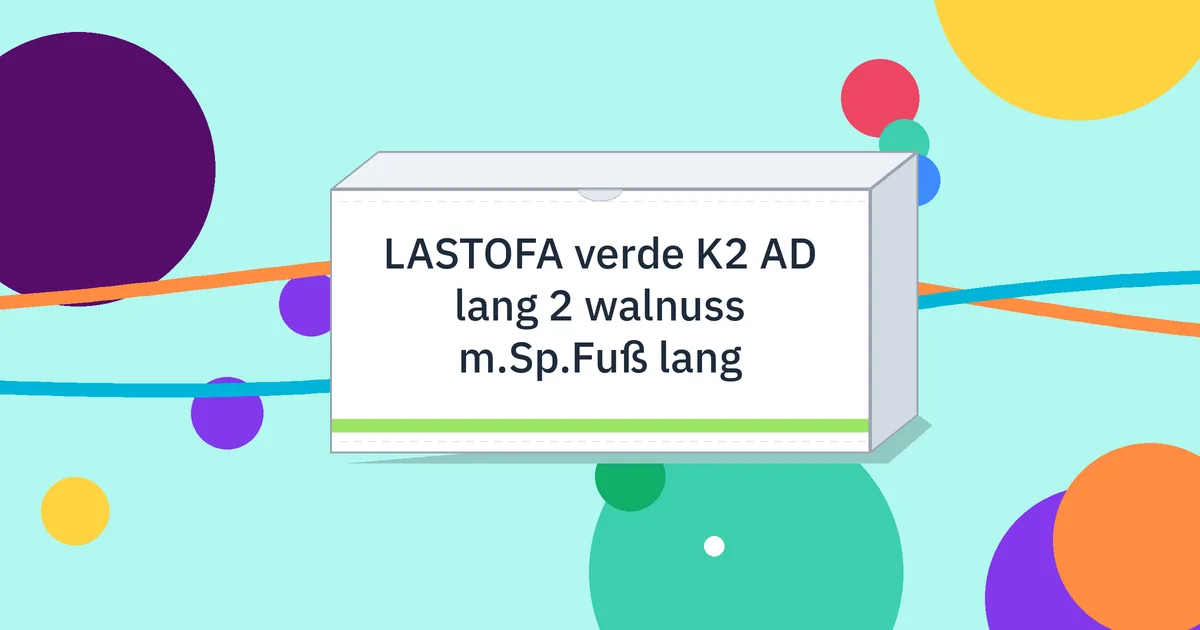 Symbolbild: Packung mit der Aufschrift LASTOFA verde K2 AD lang 2 walnuss m.Sp.Fuß lang (PZN 16721718) – Verfügbarkeit und Bezug in Apotheken in Frankfurt am Main