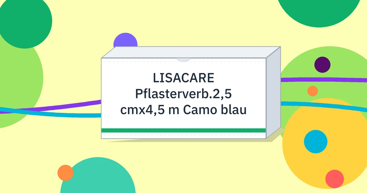 Symbolbild: Packung mit der Aufschrift LISACARE Pflasterverb.2,5 cmx4,5 m Camo blau (PZN 17891799) – Verfügbarkeit und Bezug in Apotheken in Frankfurt am Main