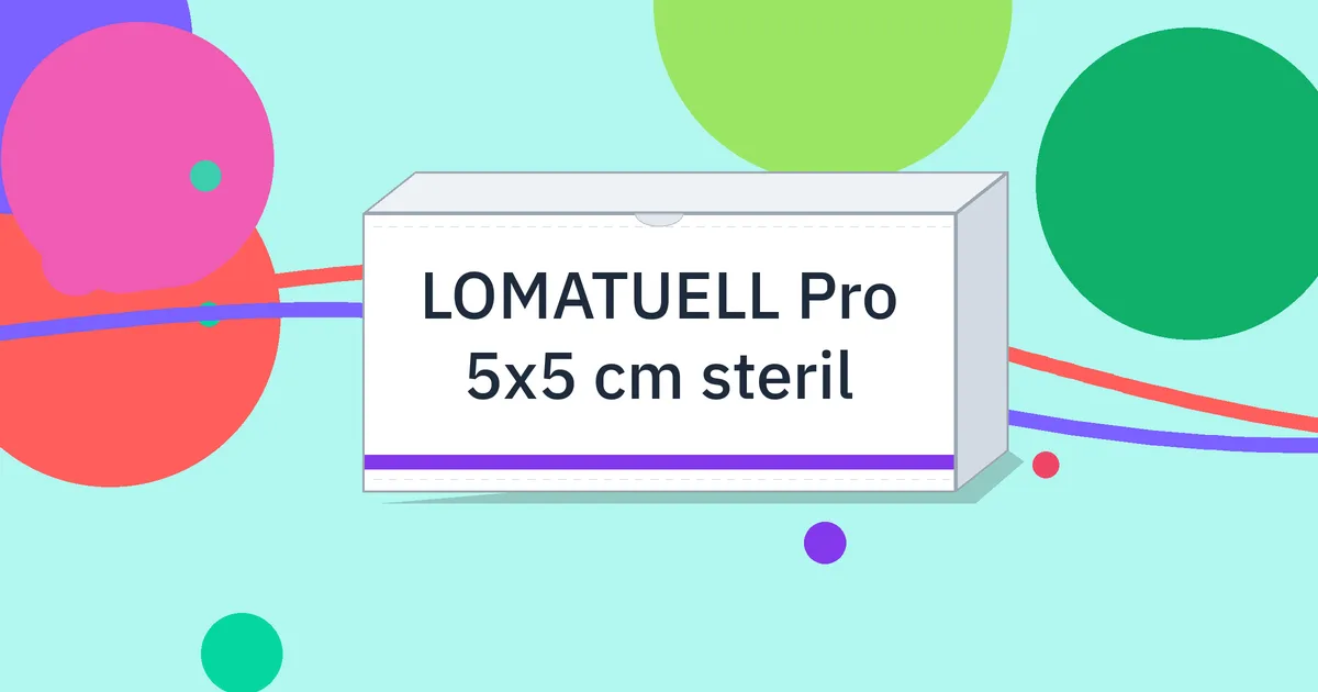 Symbolbild: Packung mit der Aufschrift LOMATUELL Pro 5x5 cm steril (PZN 19542519) – Verfügbarkeit und Bezug in Apotheken in Frankfurt am Main
