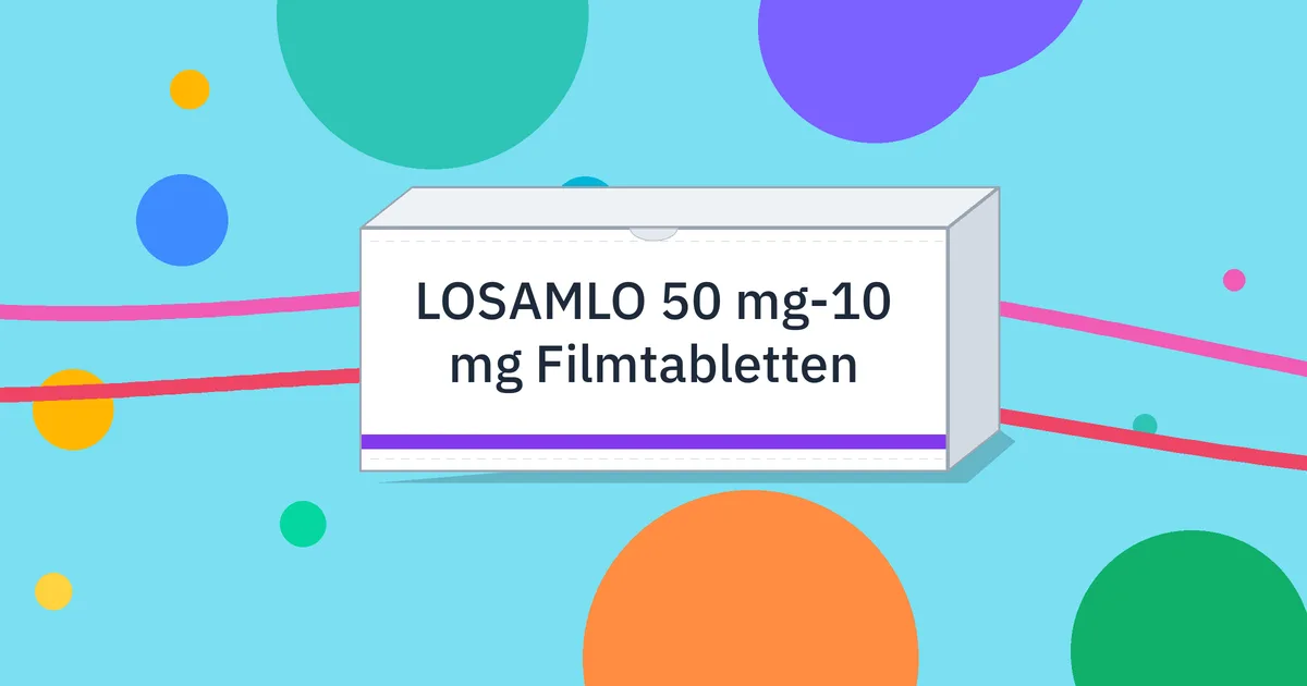 Symbolbild: Packung mit der Aufschrift LOSAMLO 50 mg-10 mg Filmtabletten (PZN 10536316) – Verfügbarkeit und Bezug in Apotheken in Frankfurt am Main