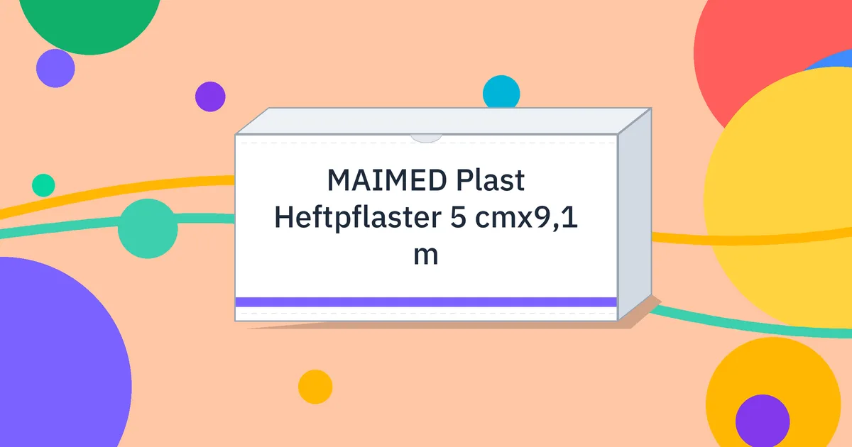 Symbolbild: Packung mit der Aufschrift MAIMED Plast Heftpflaster 5 cmx9,1 m (PZN 04002562) – Verfügbarkeit und Bezug in Apotheken in Frankfurt am Main