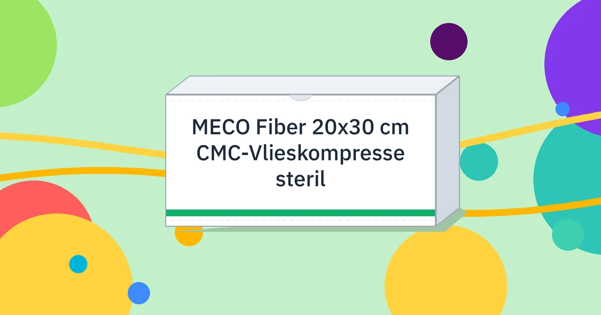 Symbolbild: Packung mit der Aufschrift MECO Fiber 20x30 cm CMC-Vlieskompresse steril (PZN 20084849) – Verfügbarkeit und Bezug in Apotheken in Frankfurt am Main