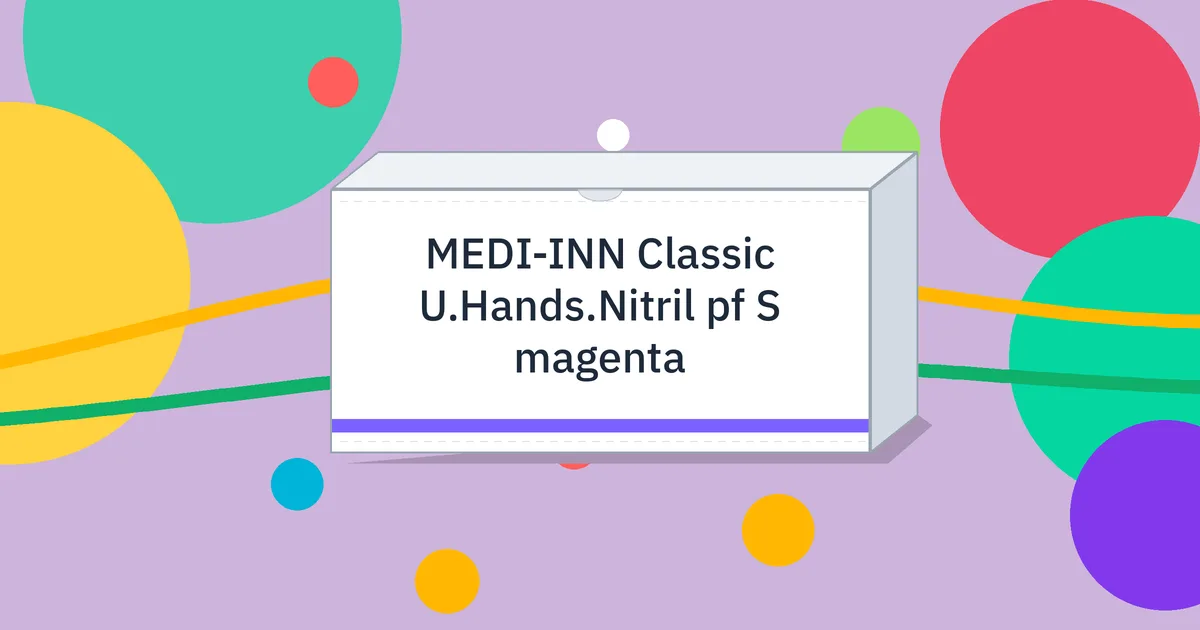 Symbolbild: Packung mit der Aufschrift MEDI-INN Classic U.Hands.Nitril pf S magenta (PZN 18444967) – Verfügbarkeit und Bezug in Apotheken in Frankfurt am Main