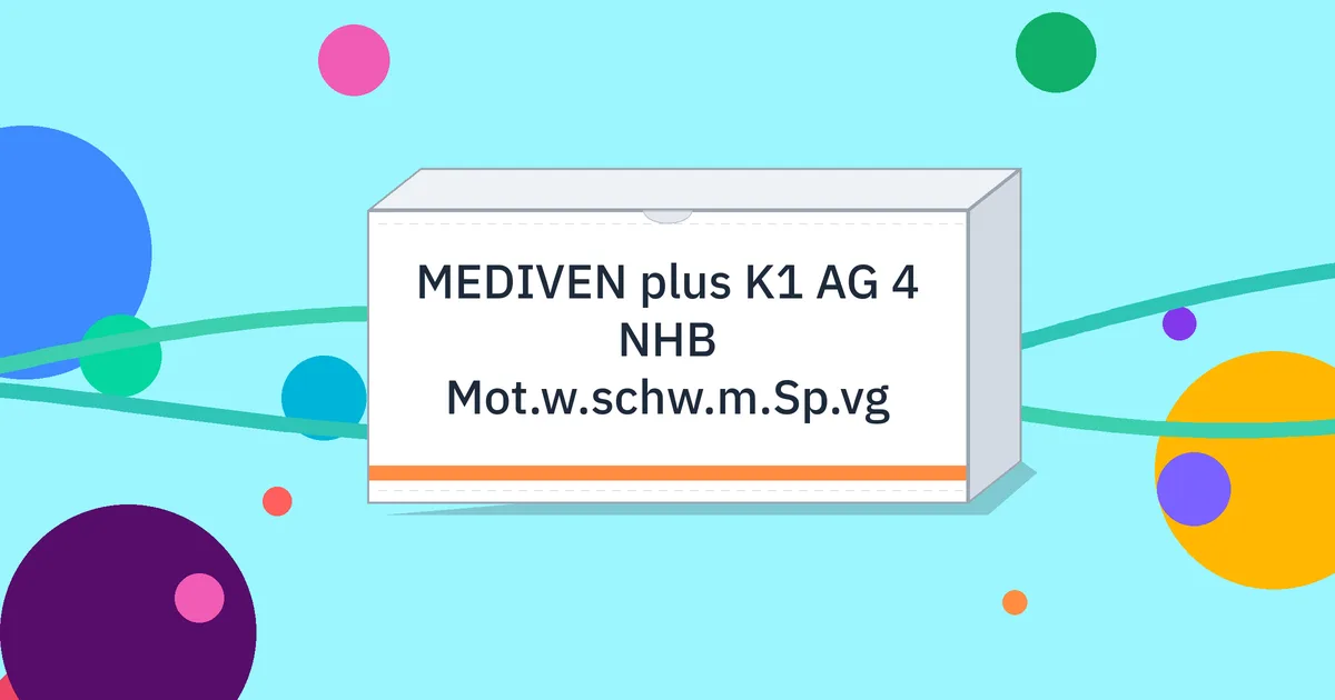Symbolbild: Packung mit der Aufschrift MEDIVEN plus K1 AG 4 NHB Mot.w.schw.m.Sp.vg (PZN 15921088) – Verfügbarkeit und Bezug in Apotheken in Frankfurt am Main