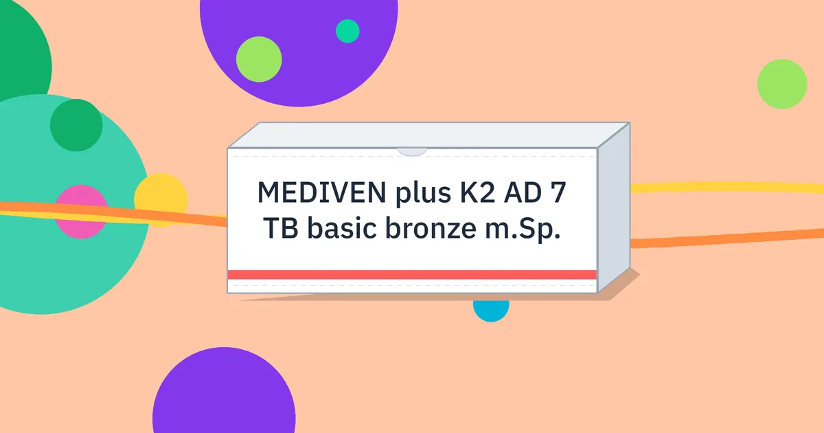 Symbolbild: Packung mit der Aufschrift MEDIVEN plus K2 AD 7 TB basic bronze m.Sp. (PZN 15094946) – Verfügbarkeit und Bezug in Apotheken in Frankfurt am Main