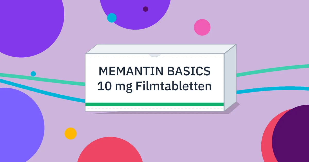 Symbolbild: Packung mit der Aufschrift MEMANTIN BASICS 10 mg Filmtabletten (PZN 10079971) – Verfügbarkeit und Bezug in Apotheken in Frankfurt am Main