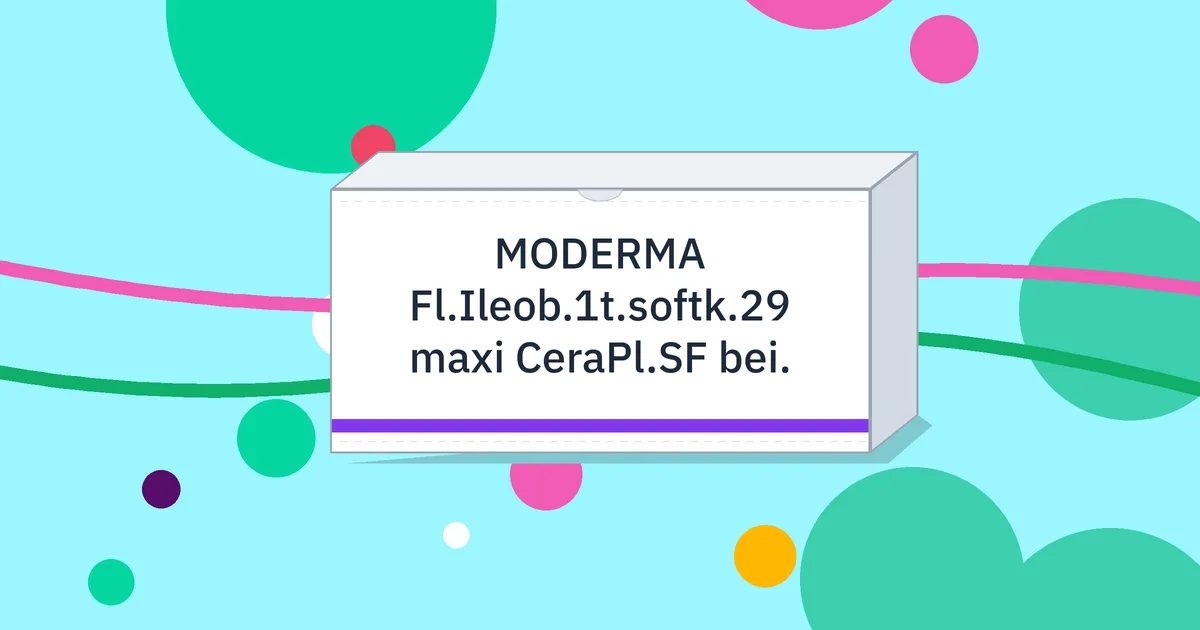 Symbolbild: Packung mit der Aufschrift MODERMA Fl.Ileob.1t.softk.29 maxi CeraPl.SF bei. (PZN 18109022) – Verfügbarkeit und Bezug in Apotheken in Frankfurt am Main