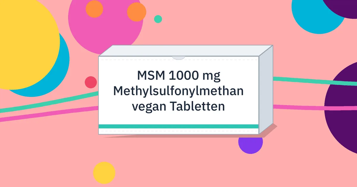 Symbolbild: Packung mit der Aufschrift MSM 1000 mg Methylsulfonylmethan vegan Tabletten (PZN 18236708) – Verfügbarkeit und Bezug in Apotheken in Frankfurt am Main