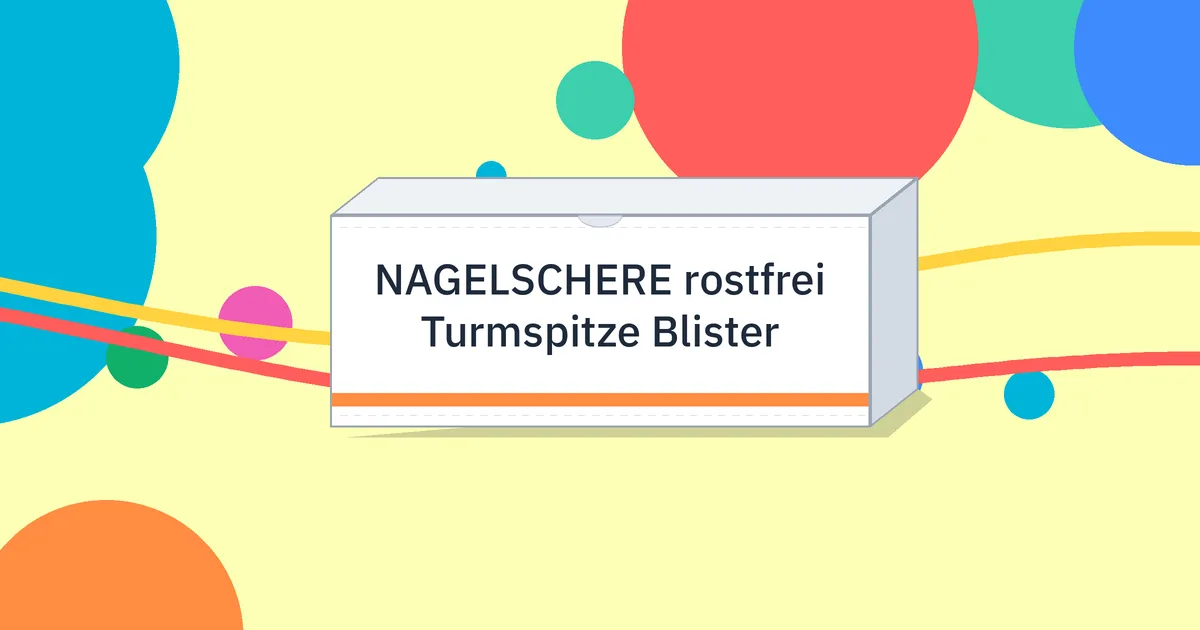 Symbolbild: Packung mit der Aufschrift NAGELSCHERE rostfrei Turmspitze Blister (PZN 01572460) – Verfügbarkeit und Bezug in Apotheken in Frankfurt am Main