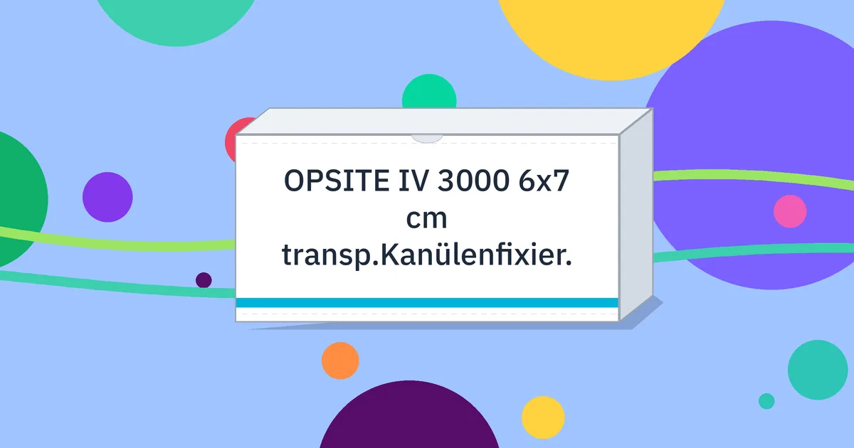 Symbolbild: Packung mit der Aufschrift OPSITE IV 3000 6x7 cm transp.Kanülenfixier. (PZN 16487978) – Verfügbarkeit und Bezug in Apotheken in Frankfurt am Main