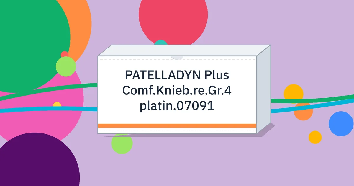 Symbolbild: Packung mit der Aufschrift PATELLADYN Plus Comf.Knieb.re.Gr.4 platin.07091 (PZN 18904618) – Verfügbarkeit und Bezug in Apotheken in Frankfurt am Main