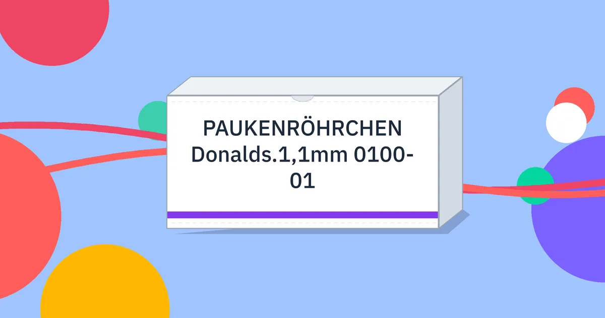 Symbolbild: Packung mit der Aufschrift PAUKENRÖHRCHEN Donalds.1,1mm 0100-01 (PZN 00184224) – Verfügbarkeit und Bezug in Apotheken in Frankfurt am Main