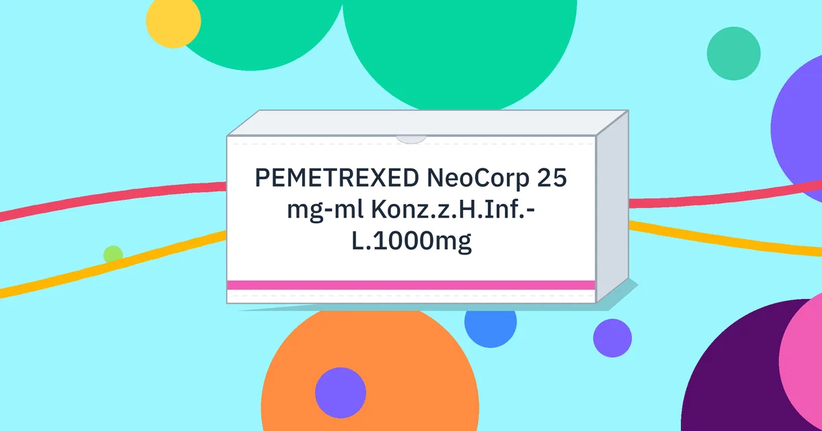 Symbolbild: Packung mit der Aufschrift PEMETREXED NeoCorp 25 mg-ml Konz.z.H.Inf.-L.1000mg (PZN 16704364) – Verfügbarkeit und Bezug in Apotheken in Frankfurt am Main