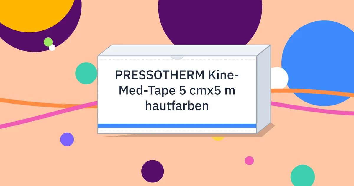 Symbolbild: Packung mit der Aufschrift PRESSOTHERM Kine-Med-Tape 5 cmx5 m hautfarben (PZN 06340033) – Verfügbarkeit und Bezug in Apotheken in Frankfurt am Main
