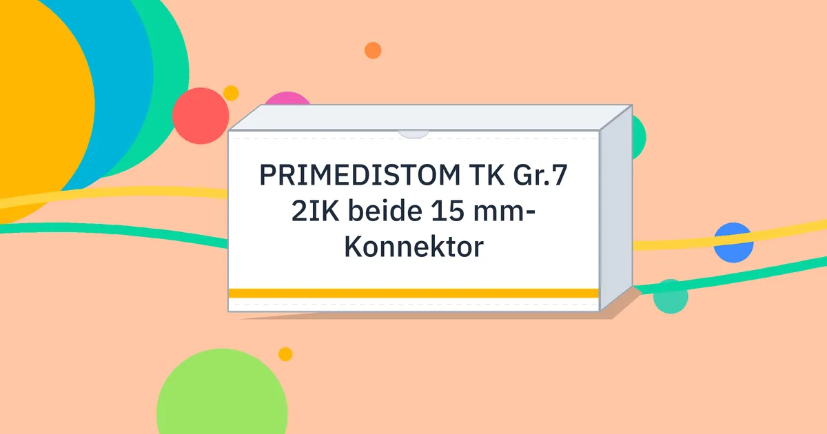 Symbolbild: Packung mit der Aufschrift PRIMEDISTOM TK Gr.7 2IK beide 15 mm-Konnektor (PZN 10209681) – Verfügbarkeit und Bezug in Apotheken in Frankfurt am Main