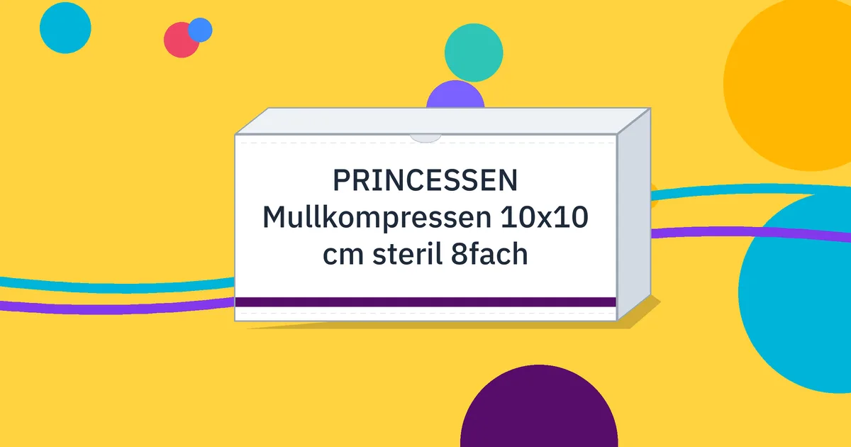 Symbolbild: Packung mit der Aufschrift PRINCESSEN Mullkompressen 10x10 cm steril 8fach (PZN 16353864) – Verfügbarkeit und Bezug in Apotheken in Frankfurt am Main