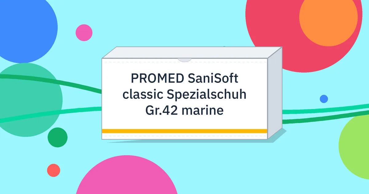 Symbolbild: Packung mit der Aufschrift PROMED SaniSoft classic Spezialschuh Gr.42 marine (PZN 19274237) – Verfügbarkeit und Bezug in Apotheken in Frankfurt am Main