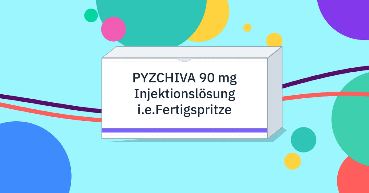 Symbolbild: Packung mit der Aufschrift PYZCHIVA 90 mg Injektionslösung i.e.Fertigspritze (PZN 20040817) – Verfügbarkeit und Bezug in Apotheken in Frankfurt am Main