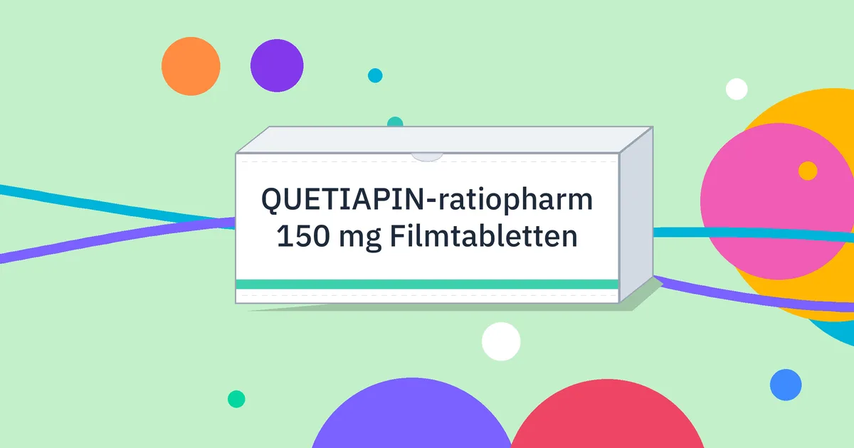 Symbolbild: Packung mit der Aufschrift QUETIAPIN-ratiopharm 150 mg Filmtabletten (PZN 09252482) – Verfügbarkeit und Bezug in Apotheken in Frankfurt am Main