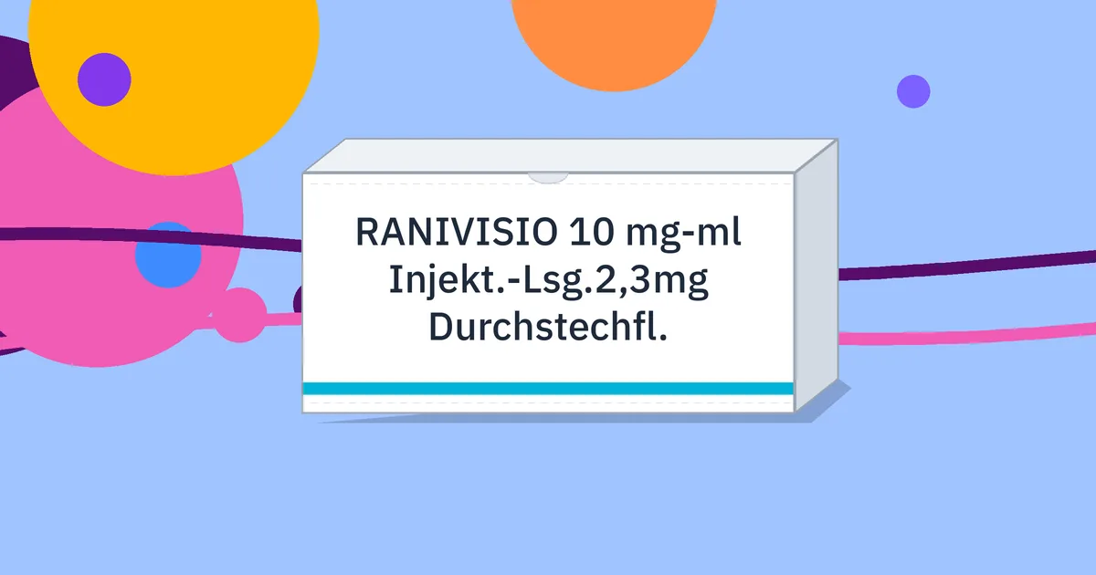 Symbolbild: Packung mit der Aufschrift RANIVISIO 10 mg-ml Injekt.-Lsg.2,3mg Durchstechfl. (PZN 19723149) – Verfügbarkeit und Bezug in Apotheken in Frankfurt am Main