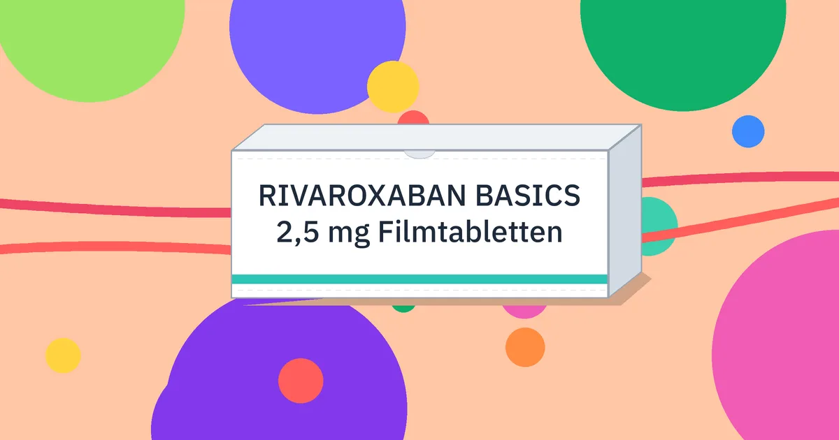 Symbolbild: Packung mit der Aufschrift RIVAROXABAN BASICS 2,5 mg Filmtabletten (PZN 18838850) – Verfügbarkeit und Bezug in Apotheken in Frankfurt am Main