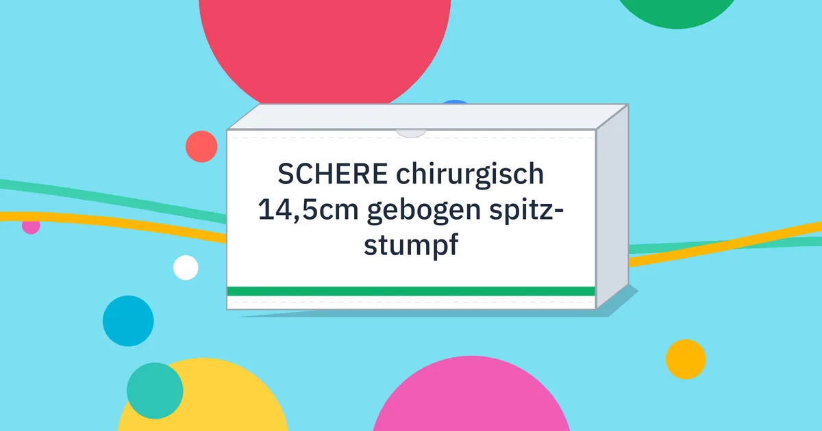 Symbolbild: Packung mit der Aufschrift SCHERE chirurgisch 14,5cm gebogen spitz-stumpf (PZN 09330584) – Verfügbarkeit und Bezug in Apotheken in Frankfurt am Main