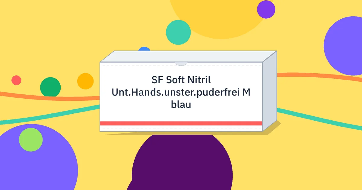 Symbolbild: Packung mit der Aufschrift SF Soft Nitril Unt.Hands.unster.puderfrei M blau (PZN 15659638) – Verfügbarkeit und Bezug in Apotheken in Frankfurt am Main