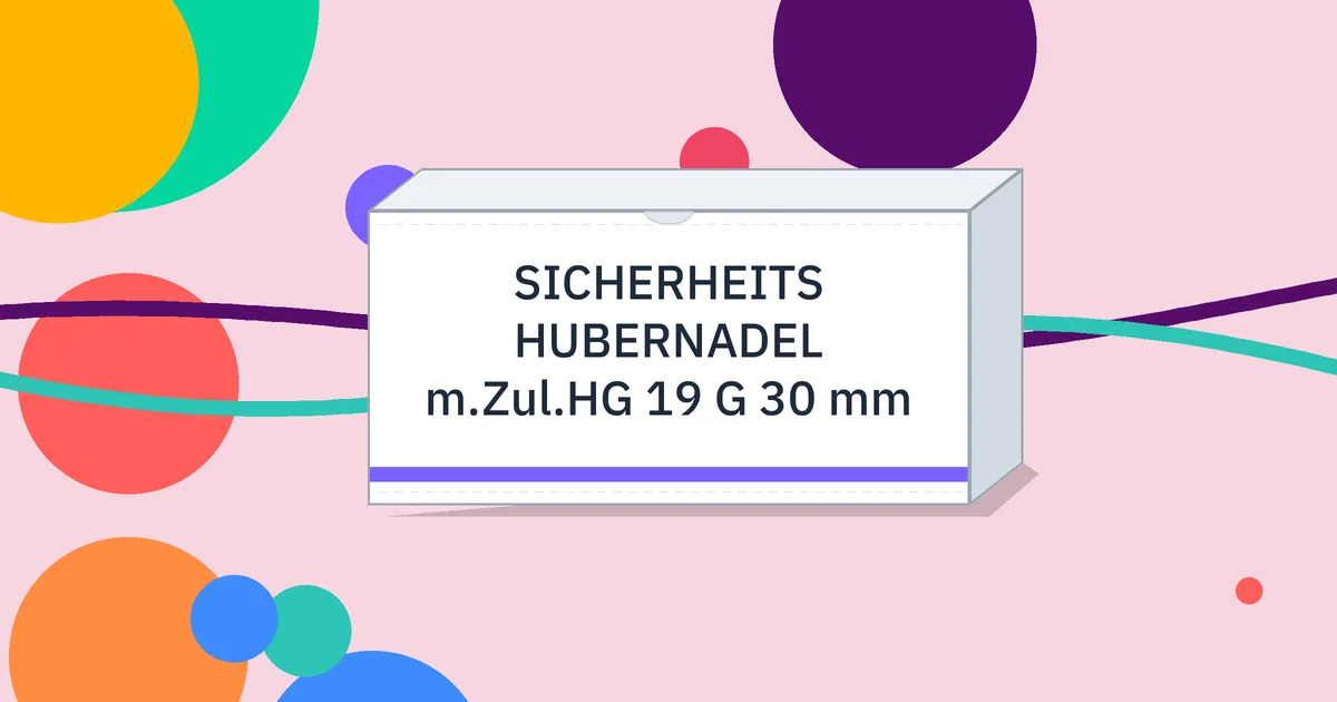 Symbolbild: Packung mit der Aufschrift SICHERHEITS HUBERNADEL m.Zul.HG 19 G 30 mm (PZN 12340563) – Verfügbarkeit und Bezug in Apotheken in Frankfurt am Main