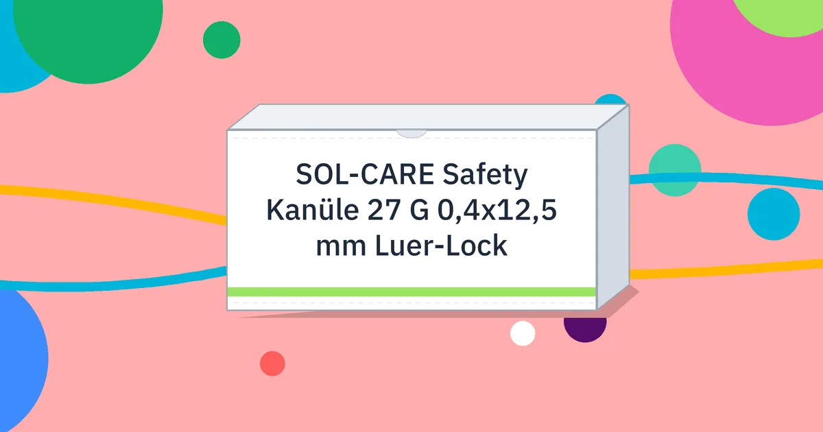 Symbolbild: Packung mit der Aufschrift SOL-CARE Safety Kanüle 27 G 0,4x12,5 mm Luer-Lock (PZN 20328240) – Verfügbarkeit und Bezug in Apotheken in Frankfurt am Main