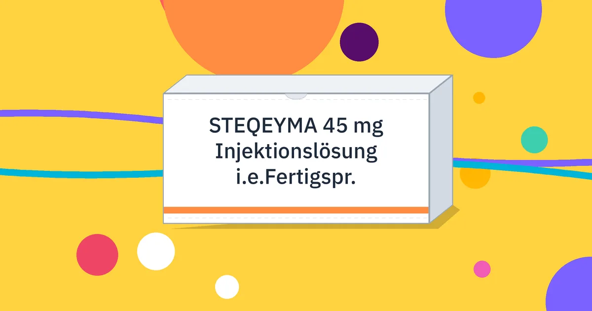 Symbolbild: Packung mit der Aufschrift STEQEYMA 45 mg Injektionslösung i.e.Fertigspr. (PZN 20104380) – Verfügbarkeit und Bezug in Apotheken in Frankfurt am Main