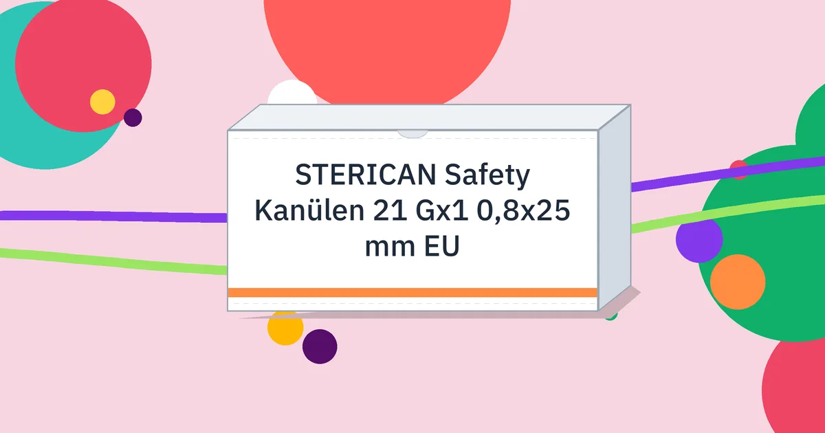 Symbolbild: Packung mit der Aufschrift STERICAN Safety Kanülen 21 Gx1 0,8x25 mm EU (PZN 13353881) – Verfügbarkeit und Bezug in Apotheken in Frankfurt am Main