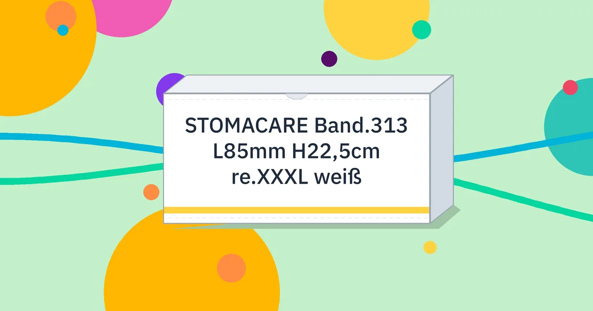 Symbolbild: Packung mit der Aufschrift STOMACARE Band.313 L85mm H22,5cm re.XXXL weiß (PZN 09436963) – Verfügbarkeit und Bezug in Apotheken in Frankfurt am Main