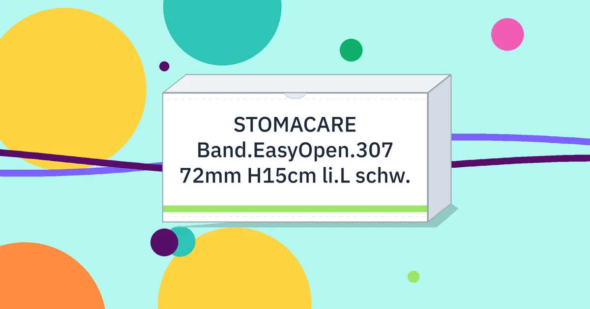 Symbolbild: Packung mit der Aufschrift STOMACARE Band.EasyOpen.307 72mm H15cm li.L schw. (PZN 09437543) – Verfügbarkeit und Bezug in Apotheken in Frankfurt am Main
