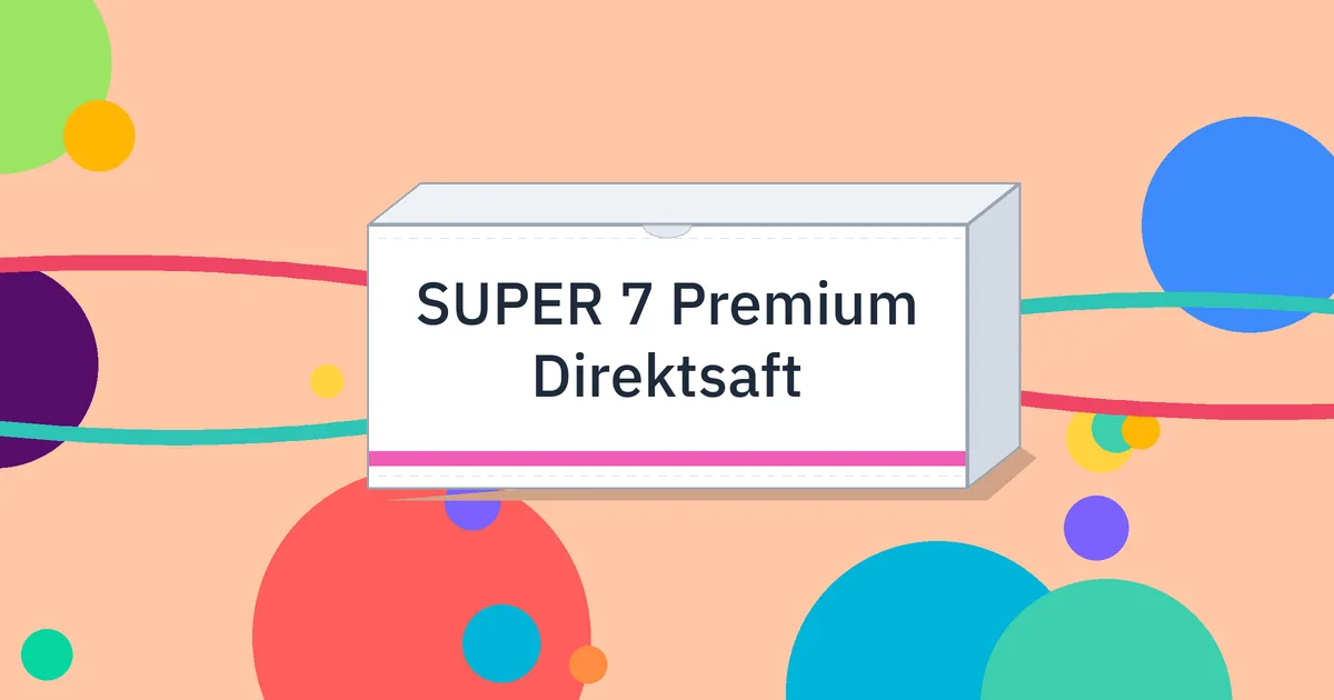 Symbolbild: Packung mit der Aufschrift SUPER 7 Premium Direktsaft (PZN 07214945) – Verfügbarkeit und Bezug in Apotheken in Frankfurt am Main