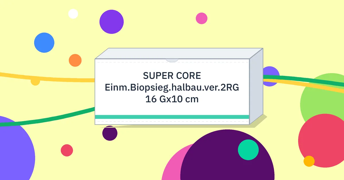 Symbolbild: Packung mit der Aufschrift SUPER CORE Einm.Biopsieg.halbau.ver.2RG 16 Gx10 cm (PZN 07099987) – Verfügbarkeit und Bezug in Apotheken in Frankfurt am Main