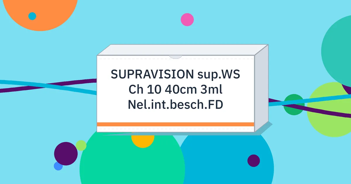 Symbolbild: Packung mit der Aufschrift SUPRAVISION sup.WS Ch 10 40cm 3ml Nel.int.besch.FD (PZN 18306171) – Verfügbarkeit und Bezug in Apotheken in Frankfurt am Main