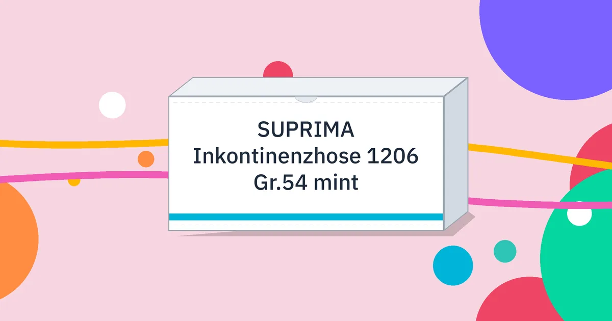 Symbolbild: Packung mit der Aufschrift SUPRIMA Inkontinenzhose 1206 Gr.54 mint (PZN 07632513) – Verfügbarkeit und Bezug in Apotheken in Frankfurt am Main
