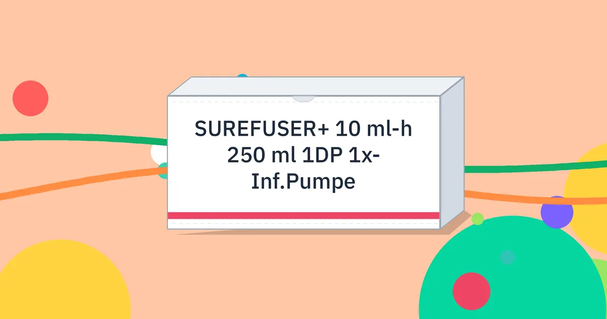 Symbolbild: Packung mit der Aufschrift SUREFUSER+ 10 ml-h 250 ml 1DP 1x-Inf.Pumpe (PZN 11636712) – Verfügbarkeit und Bezug in Apotheken in Frankfurt am Main
