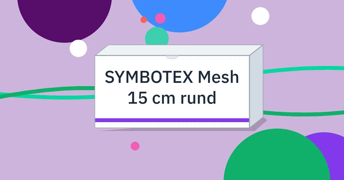 Symbolbild: Packung mit der Aufschrift SYMBOTEX Mesh 15 cm rund (PZN 10631049) – Verfügbarkeit und Bezug in Apotheken in Frankfurt am Main