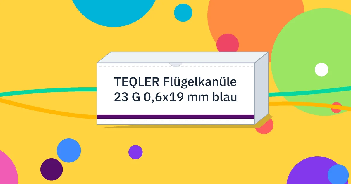 Symbolbild: Packung mit der Aufschrift TEQLER Flügelkanüle 23 G 0,6x19 mm blau (PZN 17453711) – Verfügbarkeit und Bezug in Apotheken in Frankfurt am Main